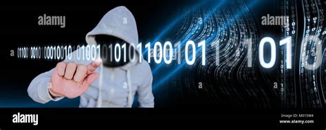 Anonymous Hacker Touching Computer Code Binary Interface Stock Photo Alamy