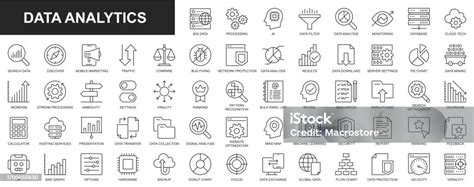 데이터 분석 웹 아이콘은 가는 선 디자인으로 설정됩니다 데이터베이스 빅 데이터 프로세스 Ai 모니터링 트래픽 호스팅 서비스 최적화 백업 차트 및 기타 팩 벡터 윤곽선 획