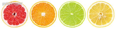 Set of colorful different citrus fruit slices isolated on white 이미지 1221254782 게티이미지뱅크