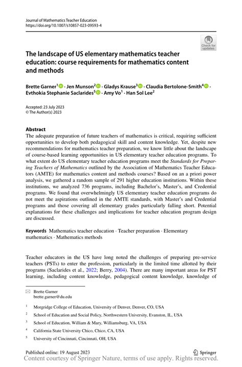 Pdf The Landscape Of Us Elementary Mathematics Teacher Education Course Requirements For