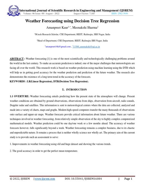 Weather Forecasting Using Decision Tree Regression Pdf
