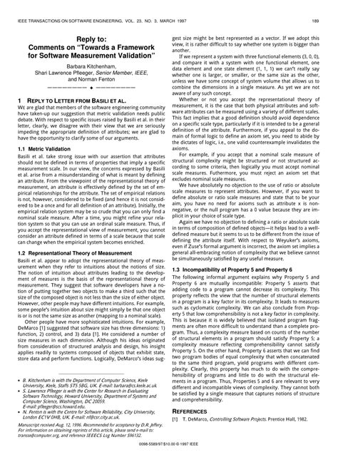 Pdf Reply To Comments On Towards A Framework Of Software Measurement Validation