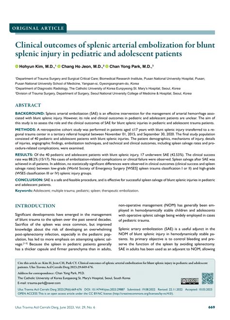 Pdf Clinical Outcomes Of Splenic Arterial Embolization For Blunt