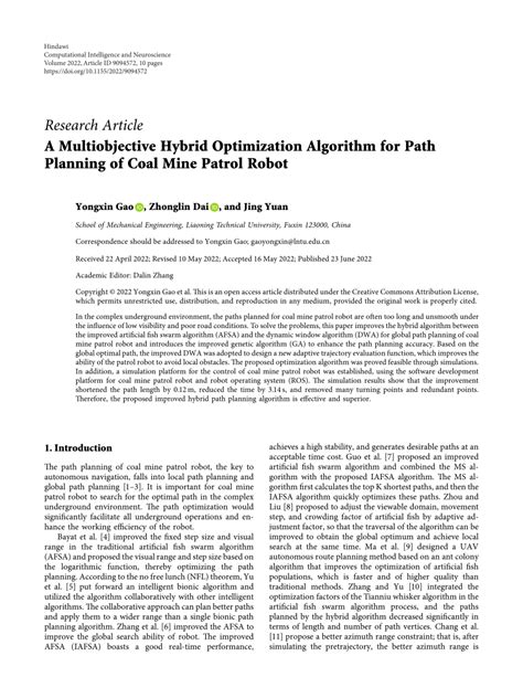 Pdf A Multiobjective Hybrid Optimization Algorithm For Path Planning Of Coal Mine Patrol Robot