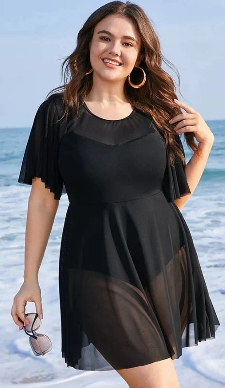Plus Size Swimwear Solid Mesh Patchwork Ruffle Sleeve Swim Dress Cover