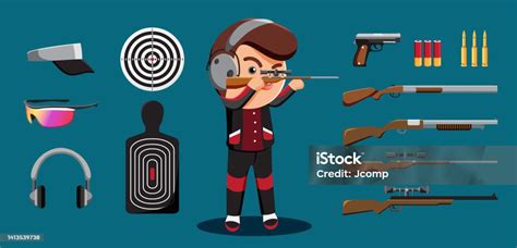 사수 선수 만화 선수 및 유니폼 총 목표물 헬멧 탄약 고글 귀마개와 같은 장비 세트 Championship에 대한 스톡 벡터 아트 및 기타 이미지 Istock