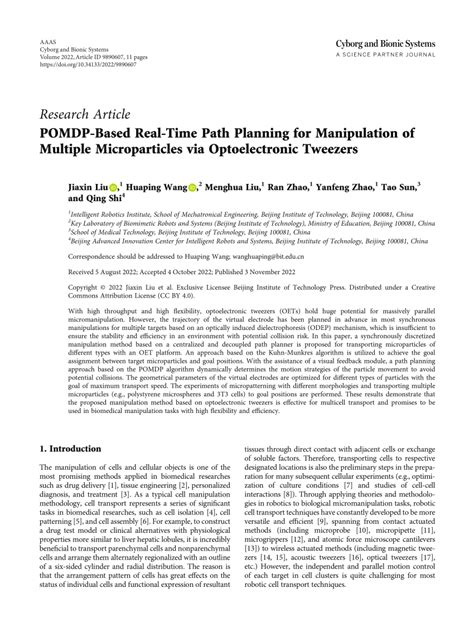 Pdf Pomdp Based Real Time Path Planning For Manipulation Of Multiple Microparticles Via