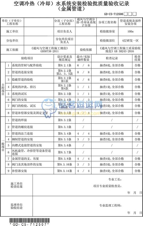 【0611 冷却水系统】gd C5 712507 空调冷热（冷却）水系统安装检验批质量验收记录（金属管道）品茗逗逗网品茗施工软件服务平台