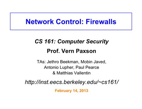 Ppt Network Control Firewalls Cs 161 Computer Security Prof Vern