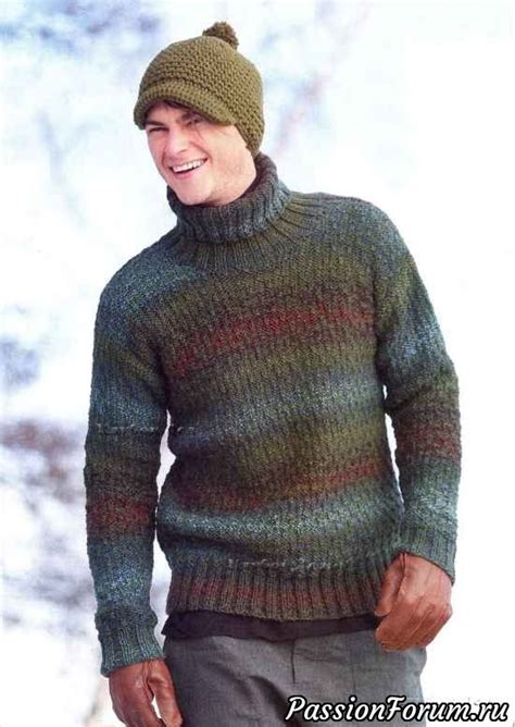 Мужской пестрый свитер и шапка с козырьком Описание Схема вязания свитера Узоры вязанных