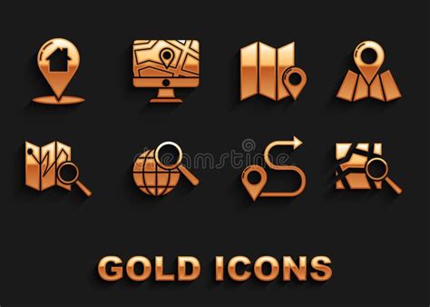 Set Magnifying Glass With Globe Folded Map Location Marker Route Map Pointer House And