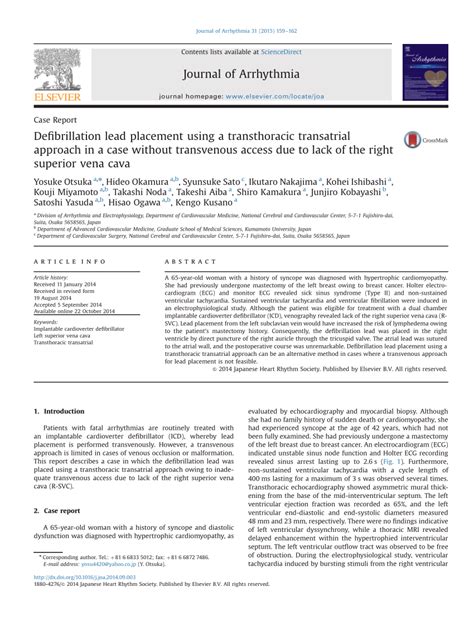 Pdf Defibrillation Lead Placement Using A Transthoracic Transatrial Approach In A Case Without