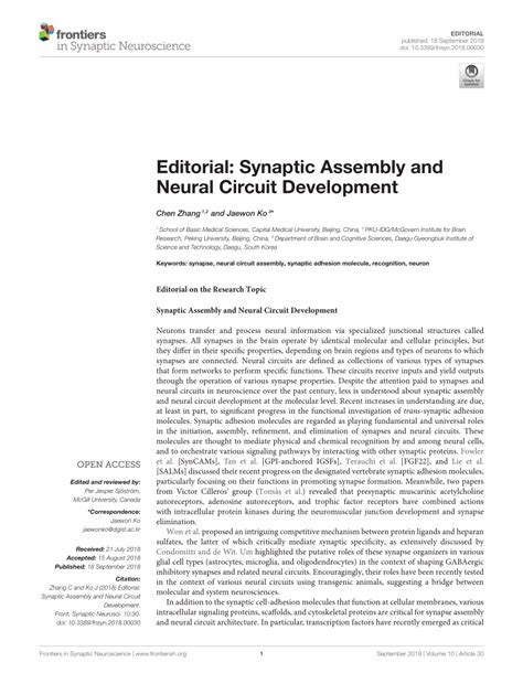 Pdf Editorial Synaptic Assembly And Neural Circuit Development