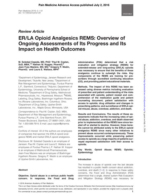 Pdf Erla Opioid Analgesics Rems Overview Of Ongoing Assessments Of Its Progress And Its