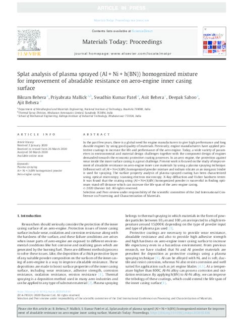 Pdf Splat Analysis Of Plasma Sprayed Al Ni Hbn Homogenized Mixture For Improvement Of