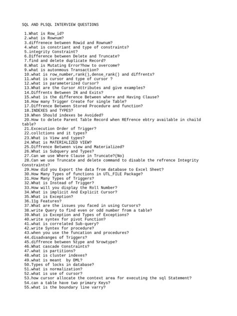 Sql And Plsql Interview Questions Pdf Databases Information