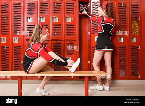Cheerleaders In Locker Room Stock Photo Alamy