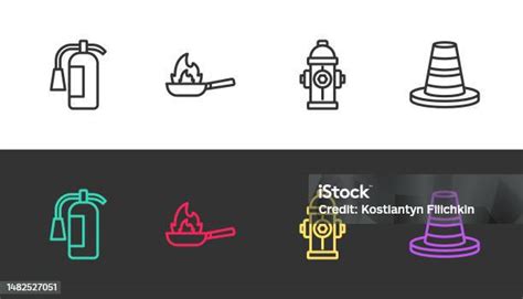 세트 라인 소화기 화재 소화전 및 교통 원뿔이 있는 팬을 흑백으로 설정합니다 벡터 거리에 대한 스톡 벡터 아트 및 기타 이미지