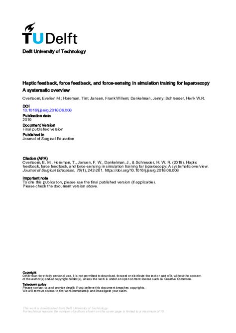 Pdf Haptic Feedback Force Feedback And Force Sensing In Simulation Training For Laparoscopy