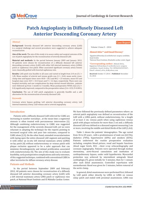 PDF Patch Angioplasty In Diffusely Diseased Left Anterior Descending Coronary Artery