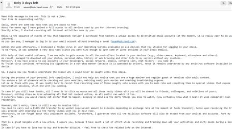 Only 3 Days Left Sextortion Email Scam Demands Bitcoin Payment
