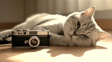 A Beautiful Intelligent Cat Lies With A Film Camera Around Its Neck
