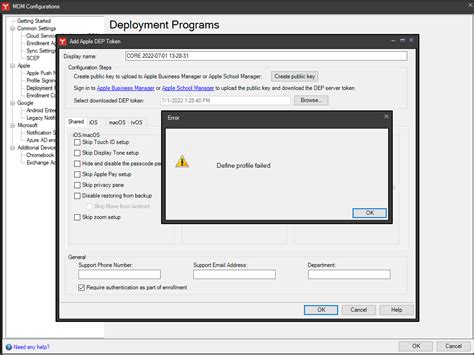 Unable To Add Dep Token With Error Define Profile Failed