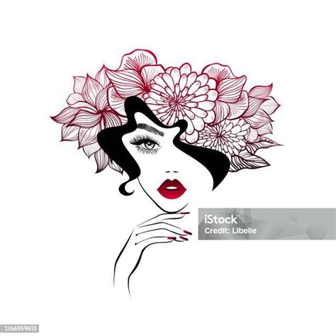 아름다운 여자는 빨간 입술을 직면 빨간 매니큐어 손톱과 손 뷰티 로고 벡터 일러스트레이션 디아뎀 꽃 꽃 동기 추상적인 꽃 스파 살롱 기호 기호 손톱 스튜디오 고풍스런에 대한