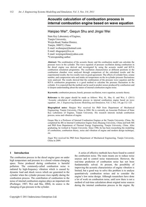 Pdf Acoustic Calculation Of Combustion Process In Internal Combustion Engine Based On Wave