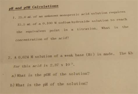 Solved PH And POHCalculations Ml Of An Unknown Chegg Com