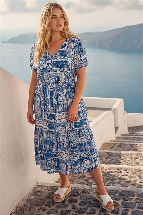 Blue Curve Postcard Print Midi Dress Roman Uk