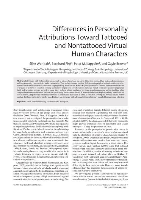 Pdf Differences In Personality Attributions Toward Tattooed And Nontattooed Virtual Human