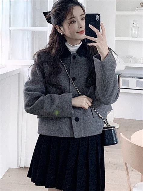 한국 패션 우아한 패치워크 퀼트 코트 대비색 턴다운 칼라 싱글 브레스트 크롭 재킷 가을 겨울 아우터 Aliexpress