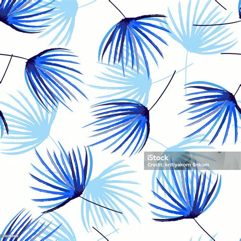 손바닥 잎의 벡터 손 브러시 스케치에 파란색 그늘 에 모노톤 원활한 패턴 디자인 Feor 패션 직물 웹 벽지 Wrappidng 및 모든 인쇄 꽃 식물에 대한 스톡 벡터 아트