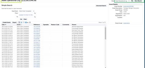 data of operational asset log tab in the database — oracle mosc
