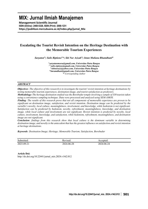 Pdf Escalating The Tourist Revisit Intention On The Heritage
