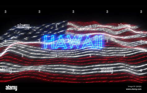 A Waving Flag Of The Usa With Neon Letters Saying Hawaii Over A Black
