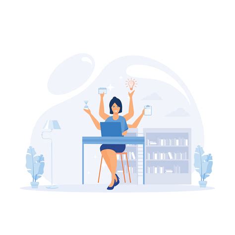 Time Management Woman In Workplace With Multitasking Work Flat Vector Modern Illustration