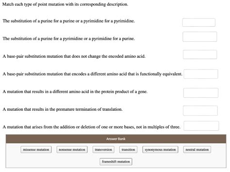 solved match each type of point mutation with its corresponding