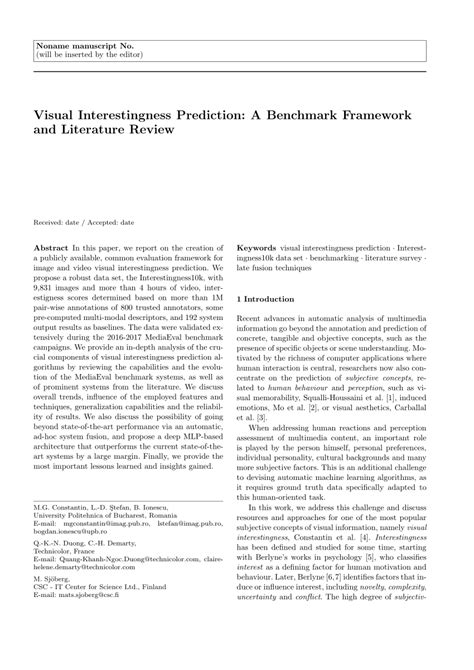 Pdf Visual Interestingness Prediction A Benchmark Framework And Literature Review