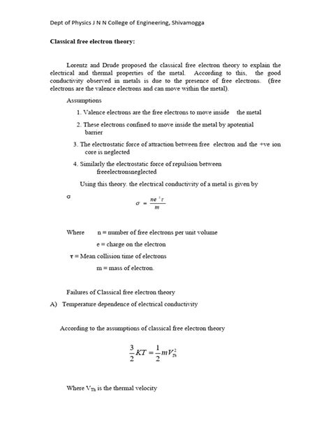 Free Electron Theory 1 Pdf Electrical Resistivity And Conductivity