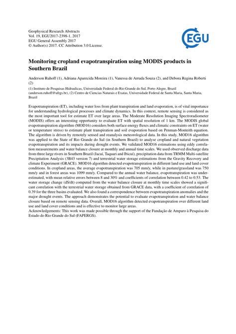 Pdf Monitoring Cropland Evapotranspiration Using Modis Products In Southern Brazil