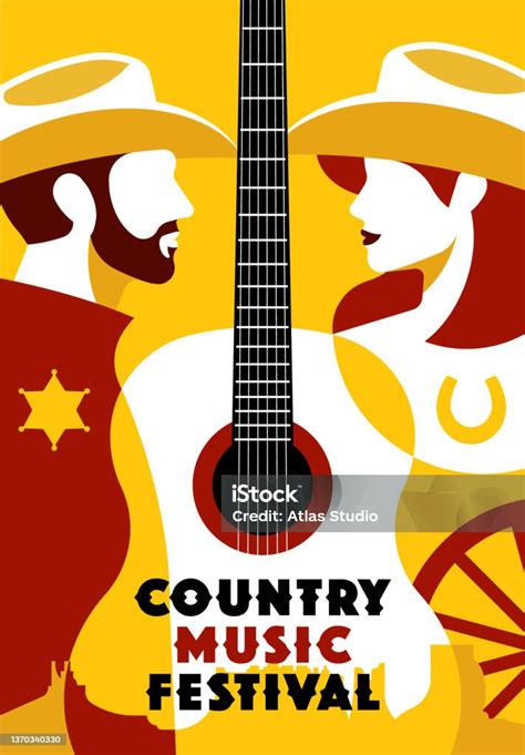 컨트리 뮤직 페스티벌 포스터 어쿠스틱 기타로 일러스트레이션을 하고 카우보이 모자 와일드 웨스트 요소로 얼굴을 맞대고 있습니다 시골 소녀 수염 카우보이 서쪽 풍경 음악