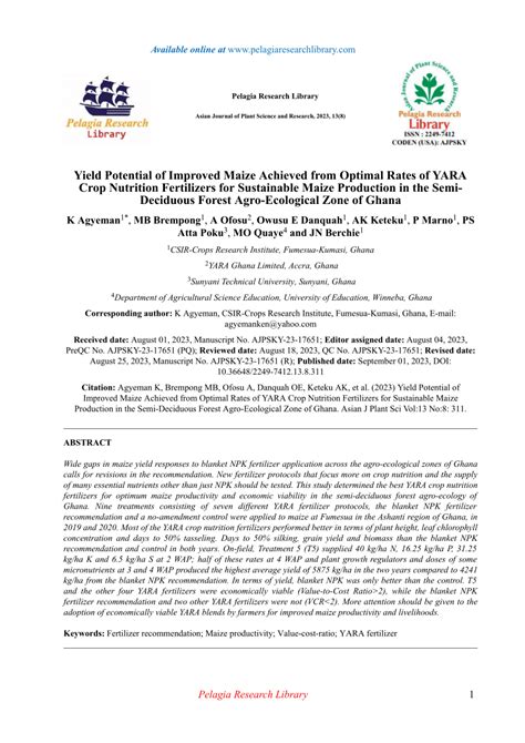 Pdf Yield Potential Of Improved Maize Achieved From Optimal Rates Of Yara Crop Nutrition