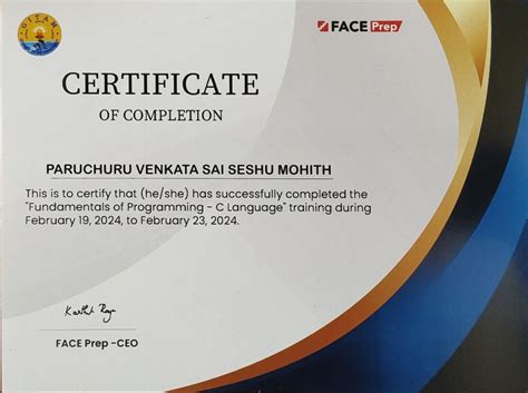 Paruchuru Venkata Sai Seshu Mohith On Linkedin Cprogramminglanguage Certification Faceprep