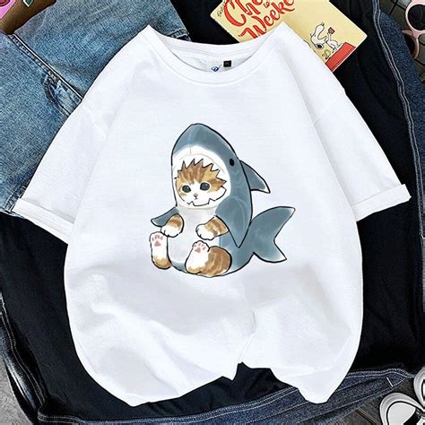 Купити Жіноча смішна футболка з принтом Kawaii Cat Shark Топи з принтом