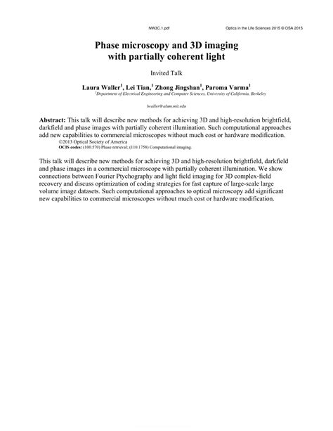 Pdf Phase Microscopy And 3d Imaging With Partially Coherent Light