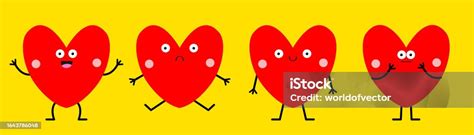눈 웃는 얼굴 머리 손 다리가 있는 마음 해피 발렌타인 데이 빨간 하트 이모티콘 아이콘 세트입니다 귀여운 카와이 만화 캐릭터