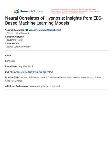 Pdf Neural Correlates Of Hypnosis Insights From Eeg Based Machine Learning Models