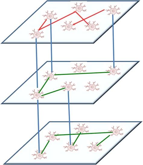 a multilayer network with one synaptic layer red links and two